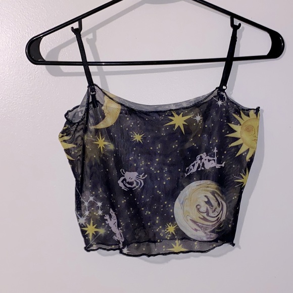 Tops | Black Sheer Mesh Sunmoonstars Crop Top Cami M | Poshmark